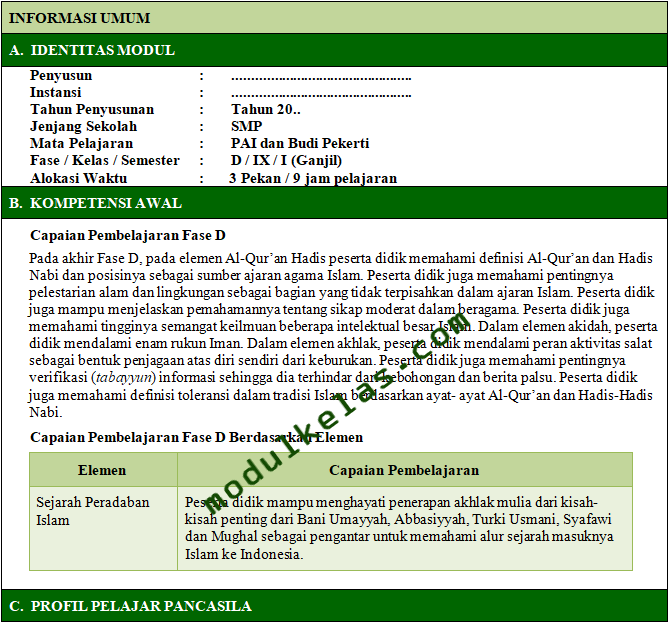 Modul Ajar Kurikulum Merdeka PAI dan Budi Pekerti Kelas 9 - Modul Kelas