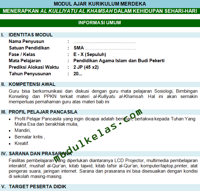 Modul Ajar Kurikulum Merdeka PAI dan Budi Pekerti Kelas 10 - Modul Kelas