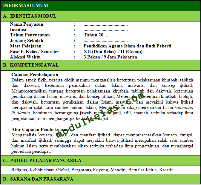 Modul Ajar Kurikulum Merdeka PAI dan Budi Pekerti Kelas 12 - Modul Kelas
