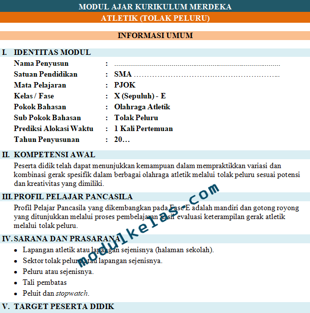 Modul Ajar Kurikulum Merdeka PJOK Kelas 10 SMA/MA Fase E - Modul Kelas