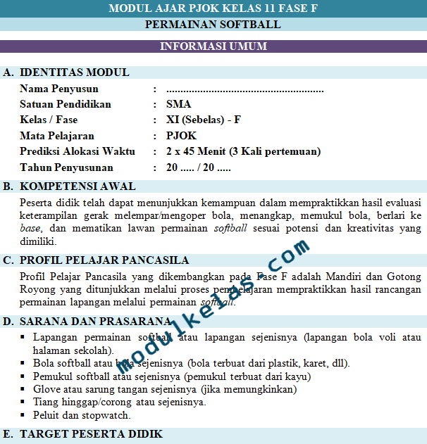 Modul Ajar Kurikulum Merdeka PJOK Kelas 11 SMA/MA Fase F - Modul Kelas